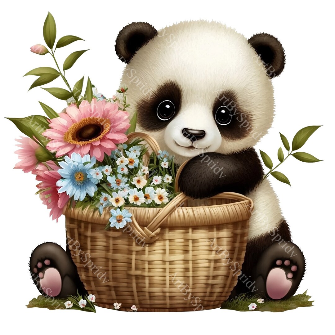 Baby Panda With Flower Basket Download PNG Clipart, Cute Bear Animal ...