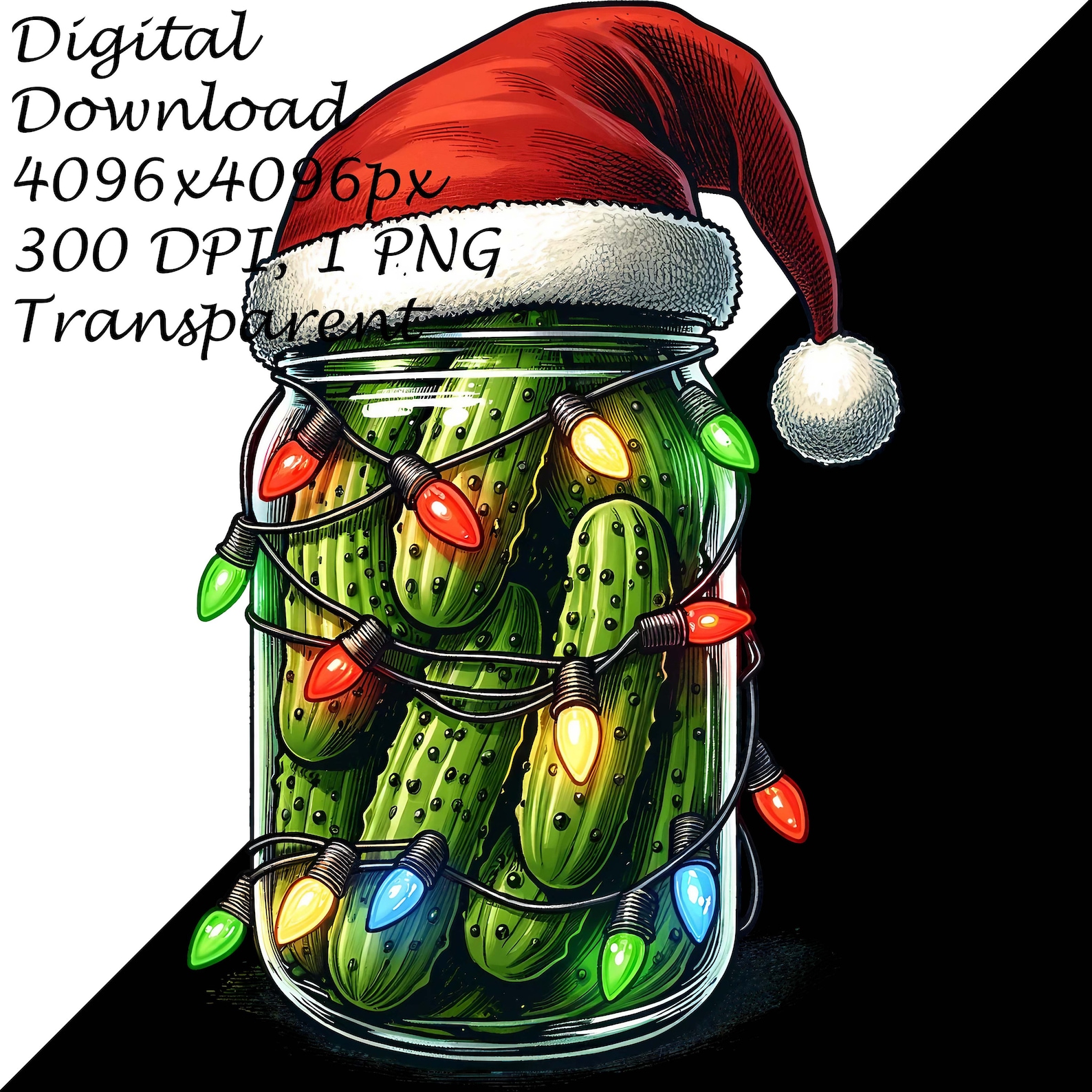 Christmas Pickles Clipart - Glass Jar With Green Pickles & Colorful Lights - PNG for DTG, T ...