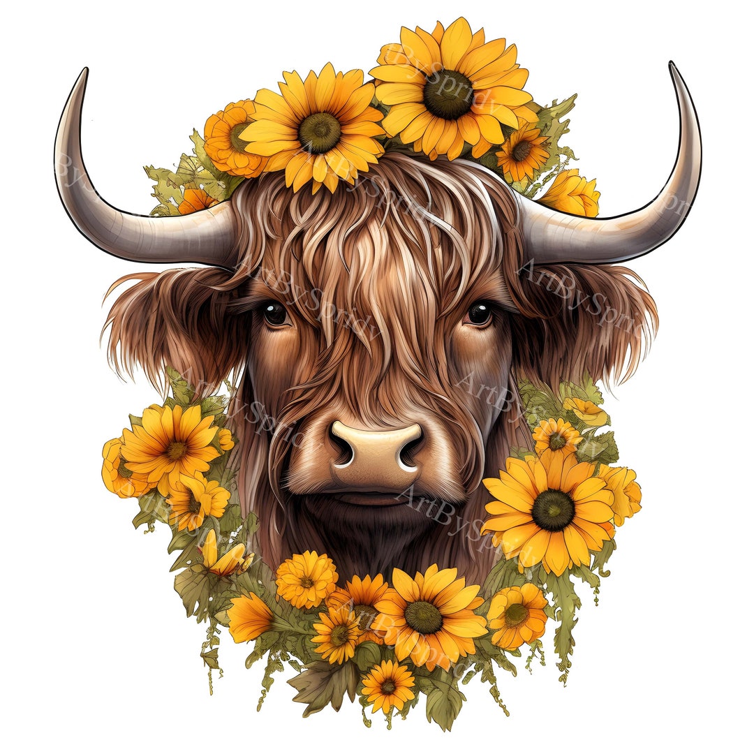 Highland Cow With Sunflower Wreath PNG Clipart, Rustic Farmhouse Decor ...