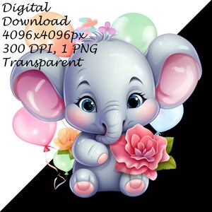 Adorable Elephant Clipart Bundle 4PCS| Floral & Balloon Elephant PNG ...