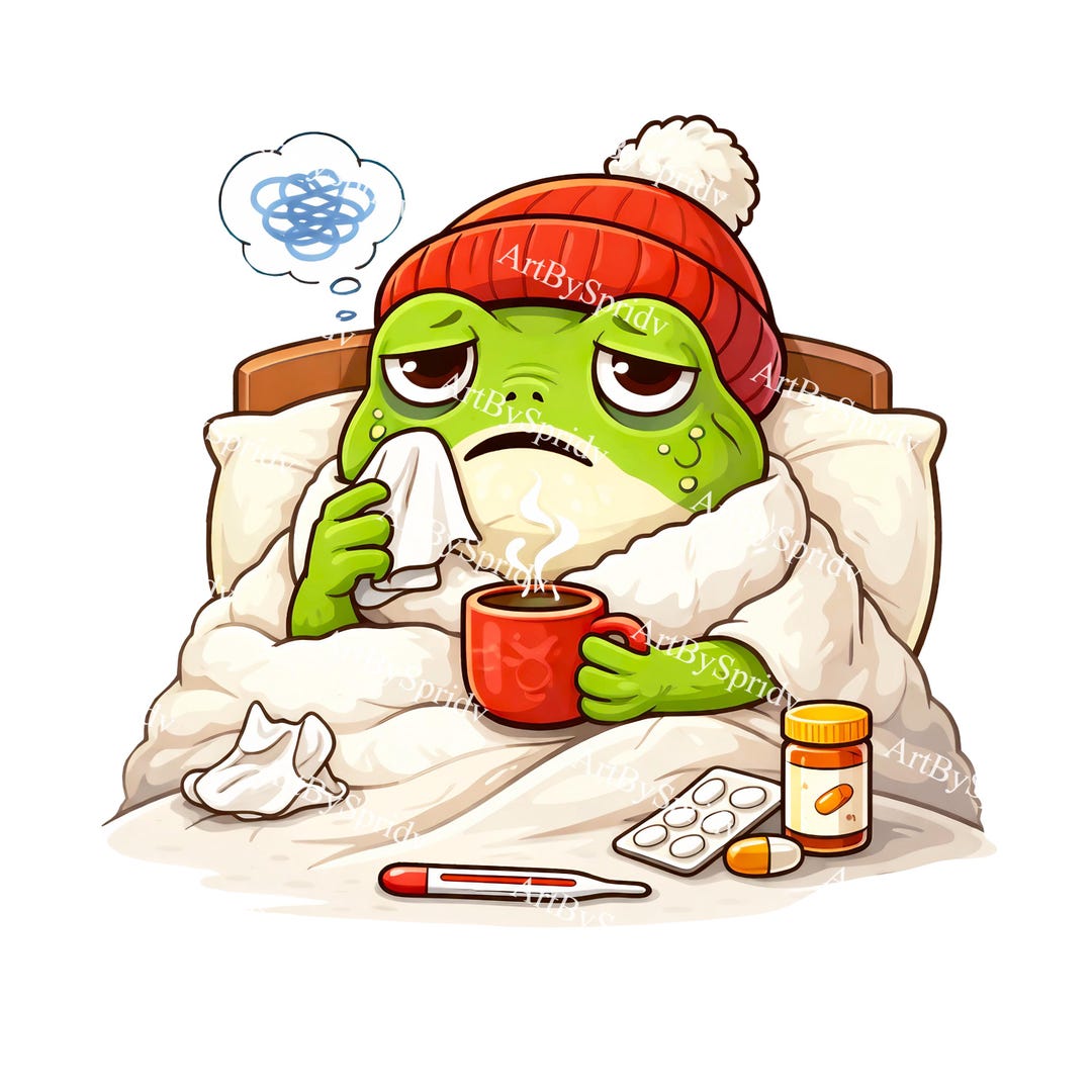 Sick Frog PNG Clipart Get Well Soon, Kawaii Frog in Bed With Tea ...