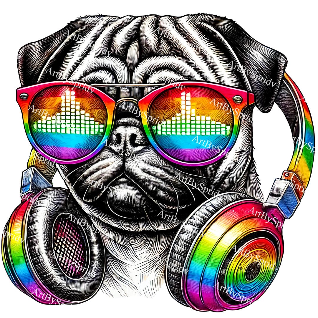 Cool Pug With Headphones Clipart PNG, Rainbow Glasses Dog Art, Music ...
