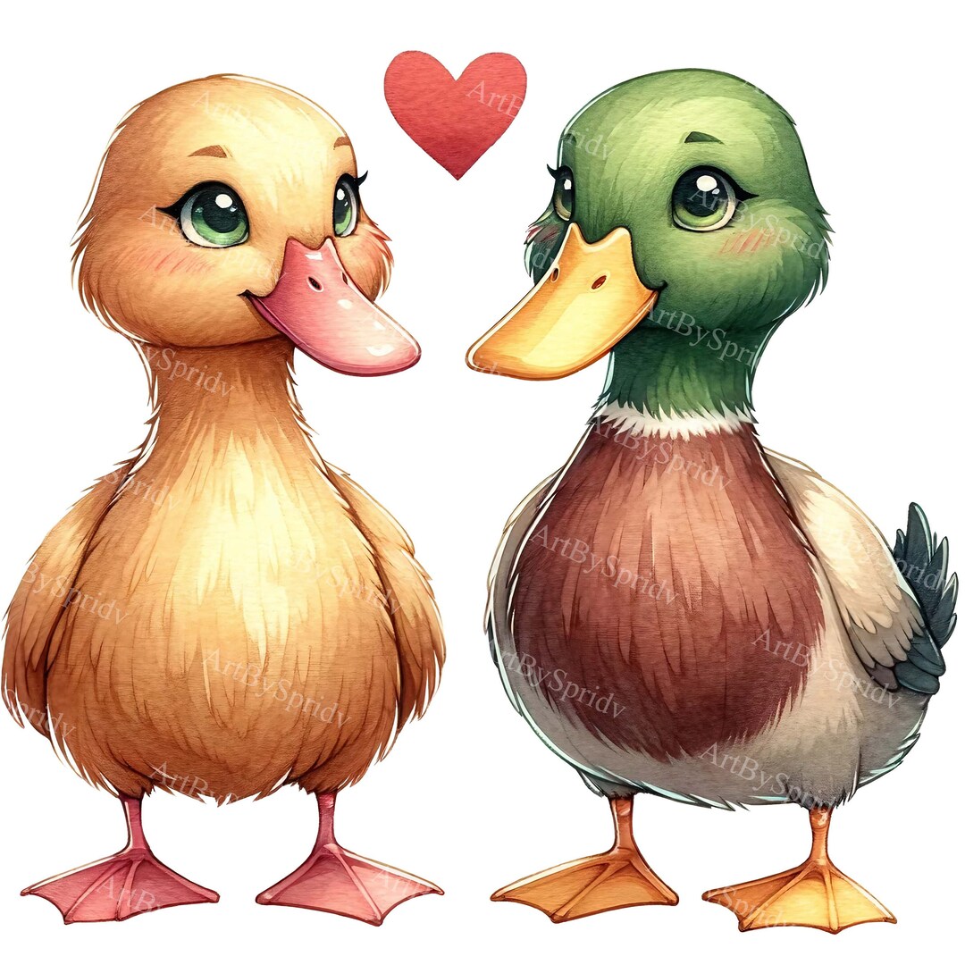 Watercolor Cartoon Ducks Clipart - Heart-themed Digital PNG for DTG, T ...