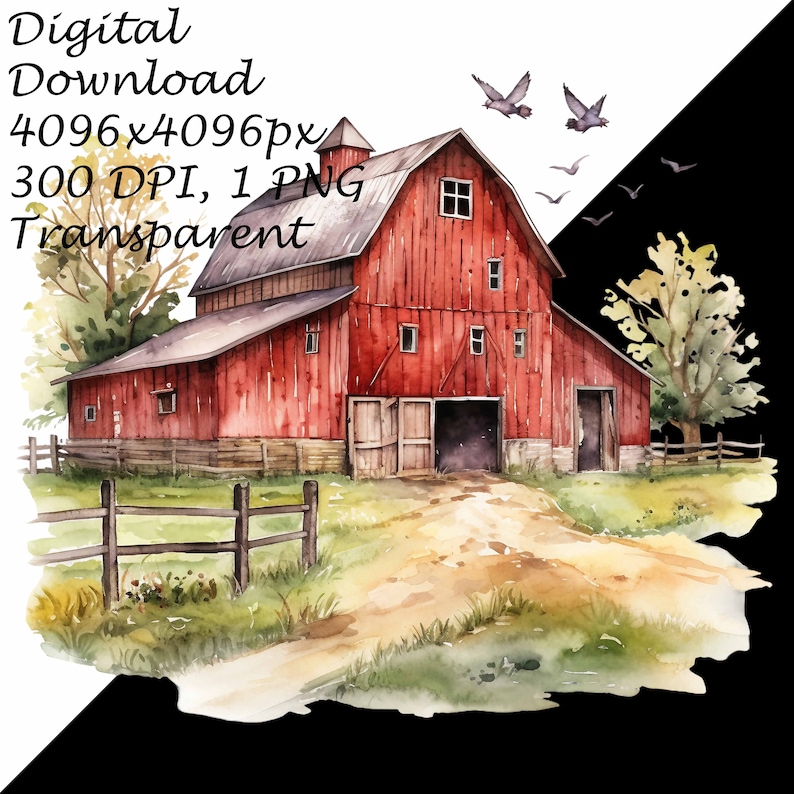 Watercolor Red Barn Bundle PNG Clipart, Rustic Farmhouse Scene,vintage ...