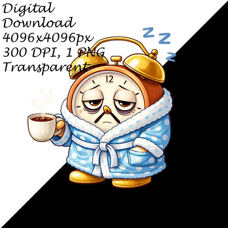 Sleepy Alarm Clock PNG, Funny Morning Coffee Clipart, Tired Clock in ...