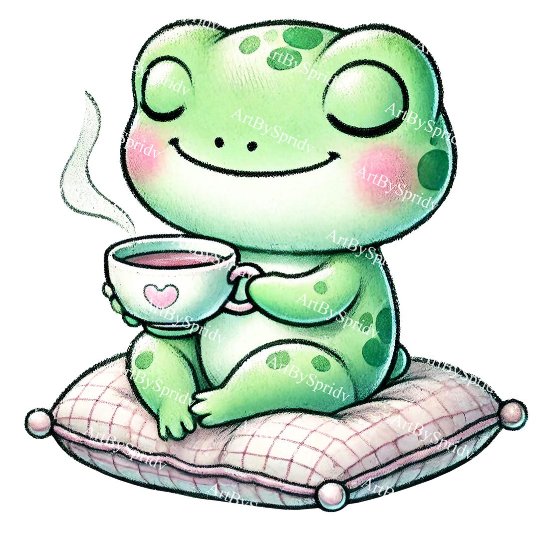 Adorable Frog Drinking Tea - Cute Frog Digital Art - Kawaii Frog PNG ...