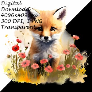 Watercolor Baby Fox Cub Near Wildflowers in Meadow-transparent 3 PNG ...