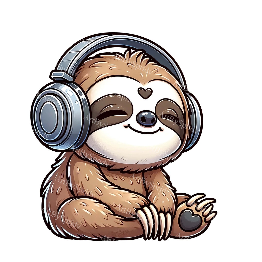 Adorable Sloth With Headphones Digital Clipart | Music Lover Cute Sloth ...