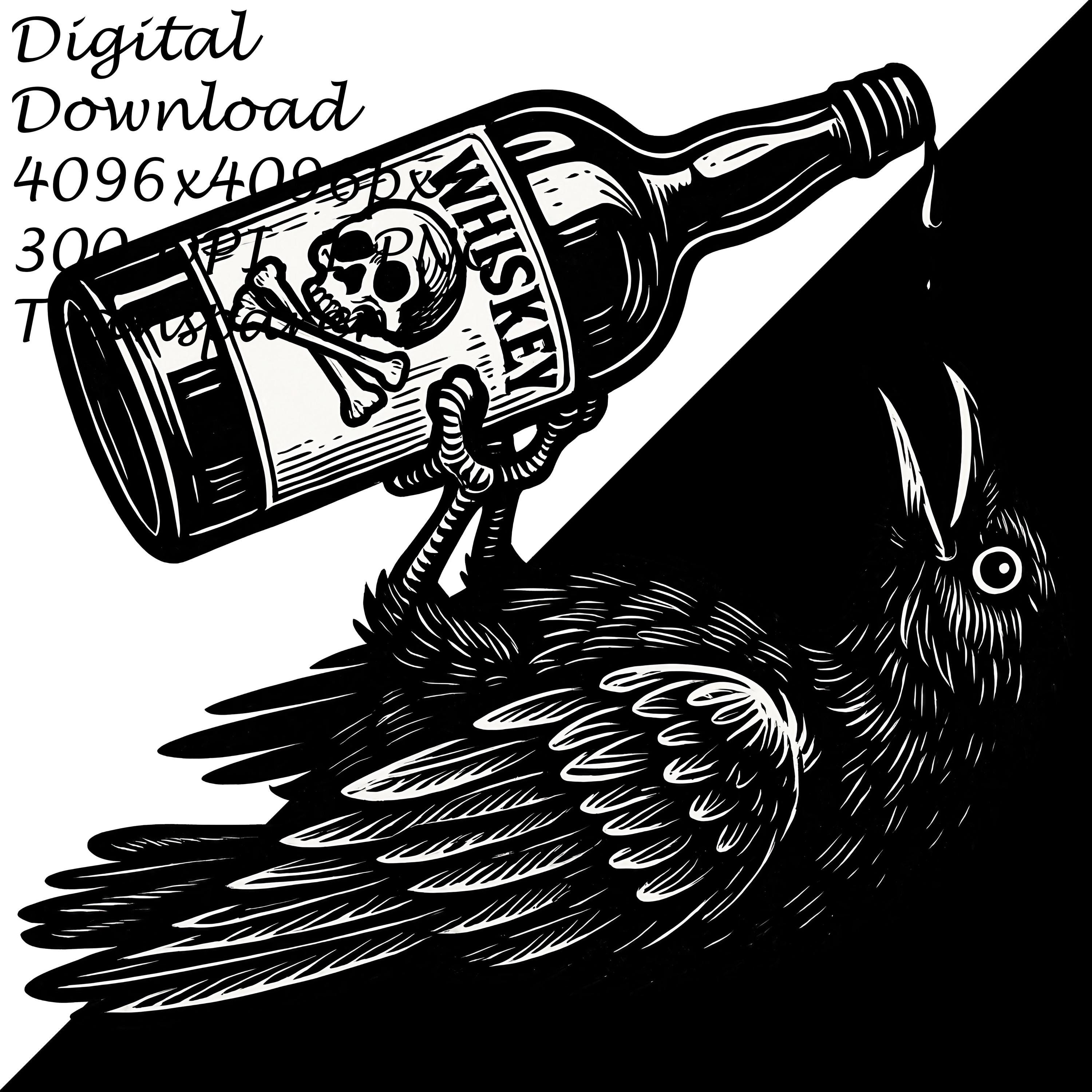 Drunk Crow Whiskey Bottle PNG, Funny Gothic Raven Clipart for T-shirt ...