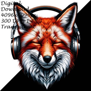 Red Fox Digital Clipart PNG - Music-themed Fox With Headphones for DTG ...