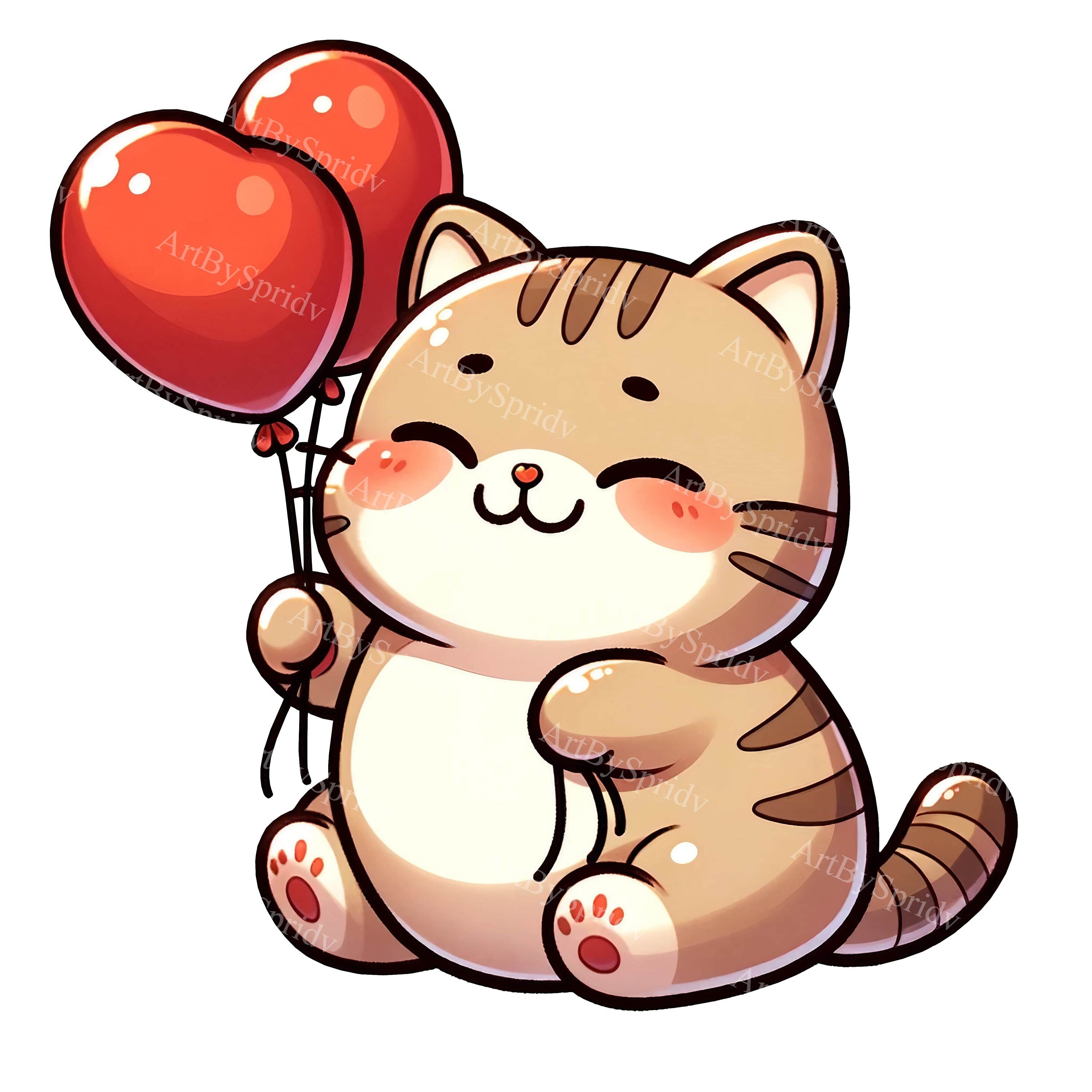 Valentine's Day Cartoon Cat Clipart - Heart Balloons PNG, Digital ...