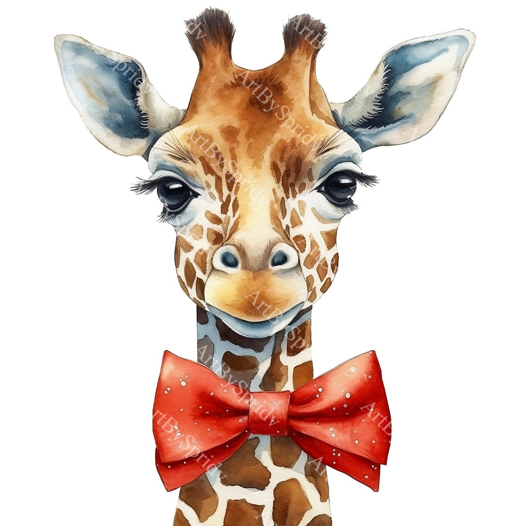 Adorable Watercolor Giraffe Clipart With Red Bow Tie, Cute Animal ...