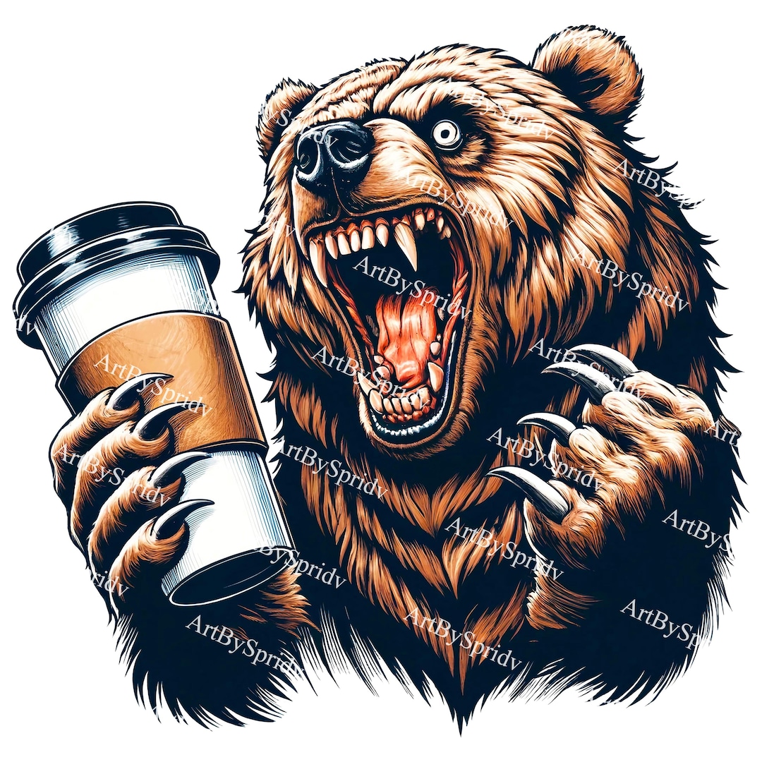 Angry Coffee Bear PNG Clipart,roaring Grizzly Holding Coffee Cup Design ...