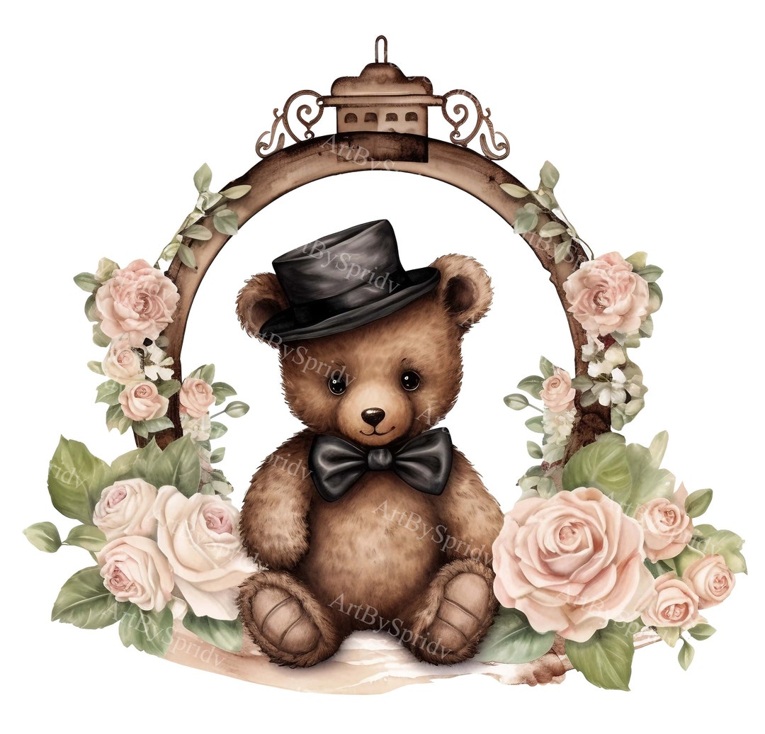 Victorian Teddy Bear Clipart Vintage Style Digital PNG for Baby Shower ...