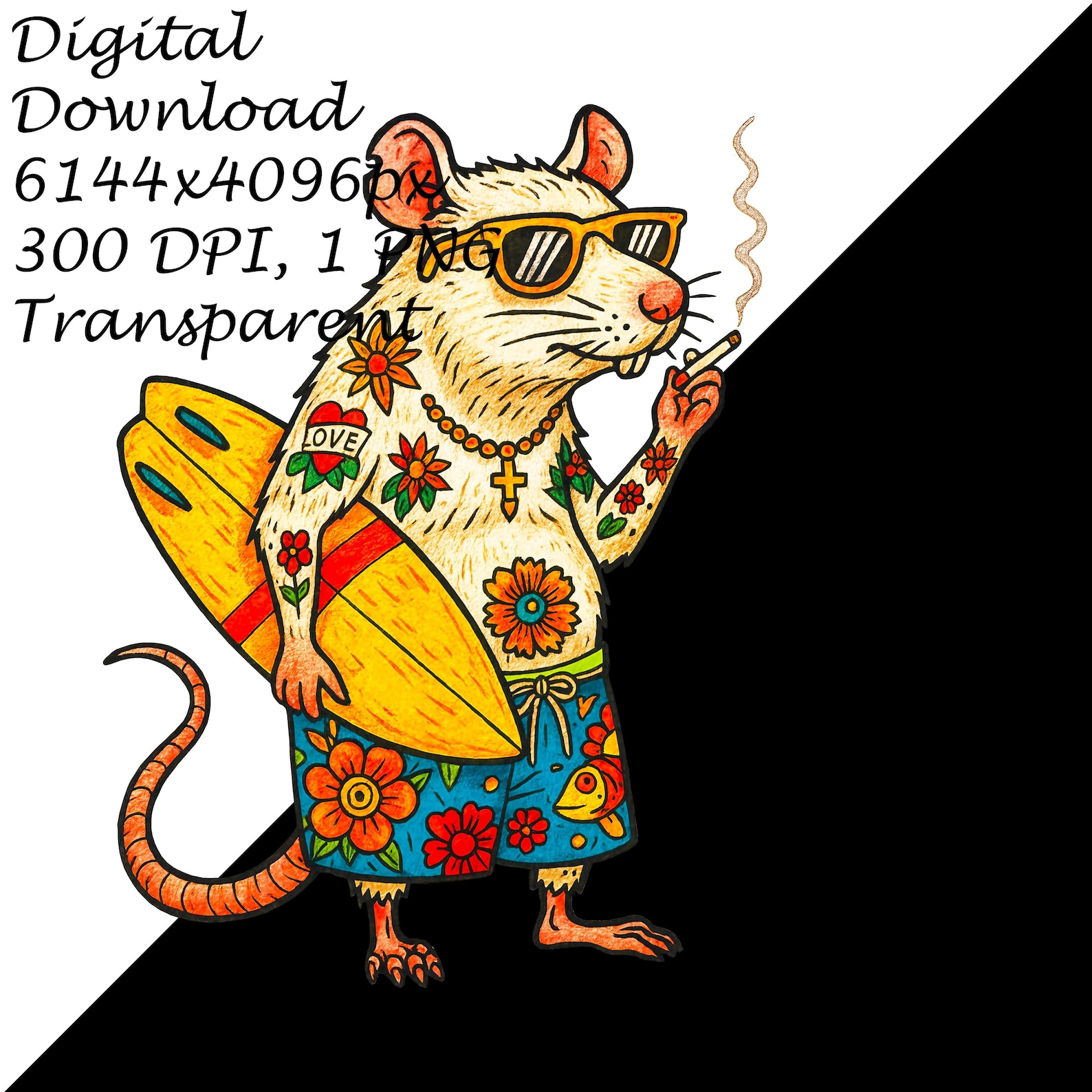 Cool Surfer Rat PNG Clipart, Tattooed Beach Rat With Surfboard, Summer ...