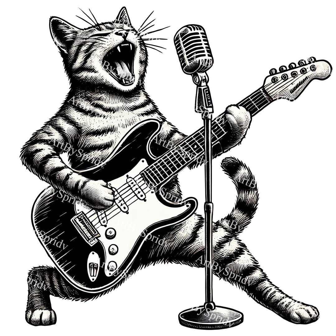 Rockstar Cat Playing Electric Guitar Digital PNG Clipart, Cool Cat ...