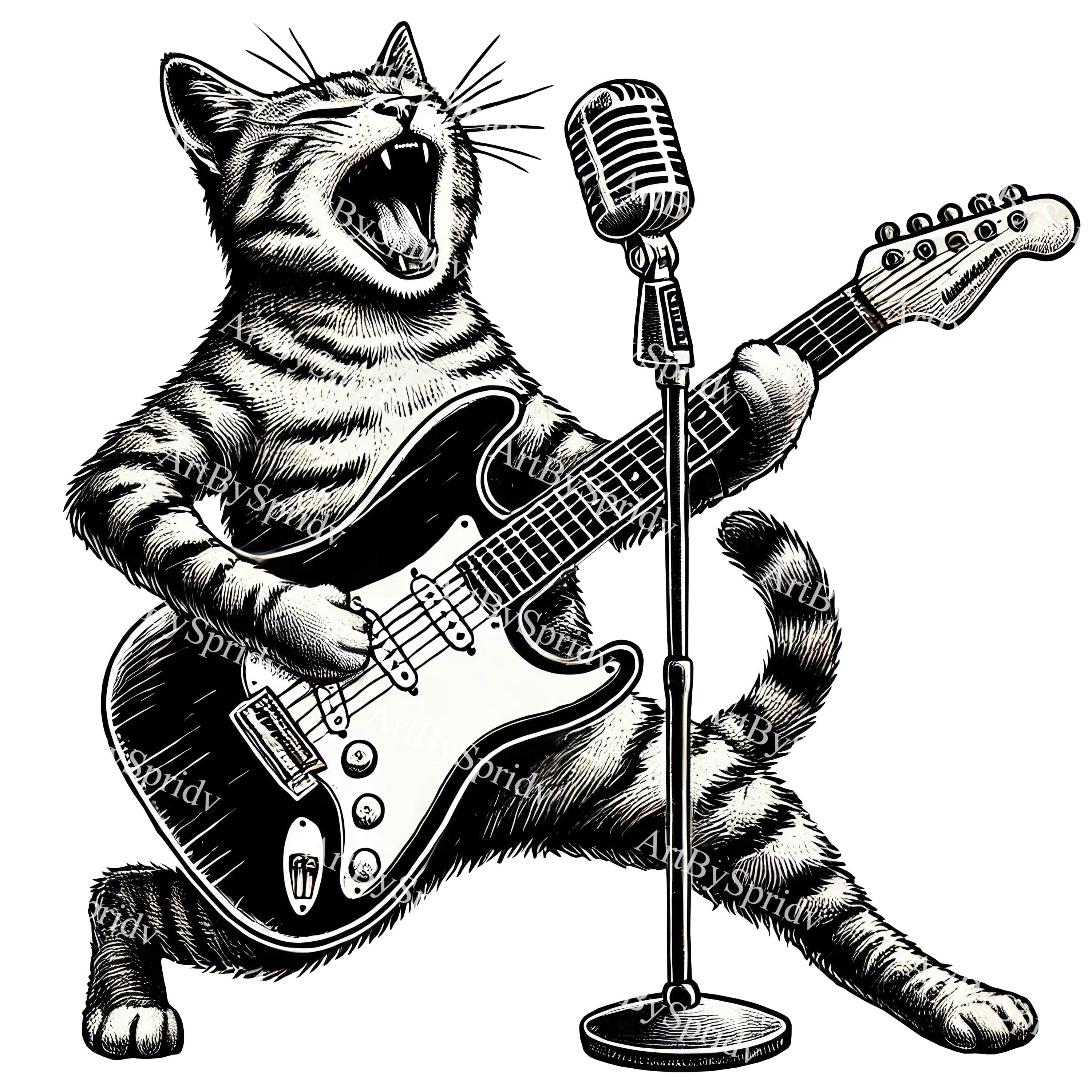 Rockstar Cat Playing Electric Guitar Digital PNG Clipart, Cool Cat ...