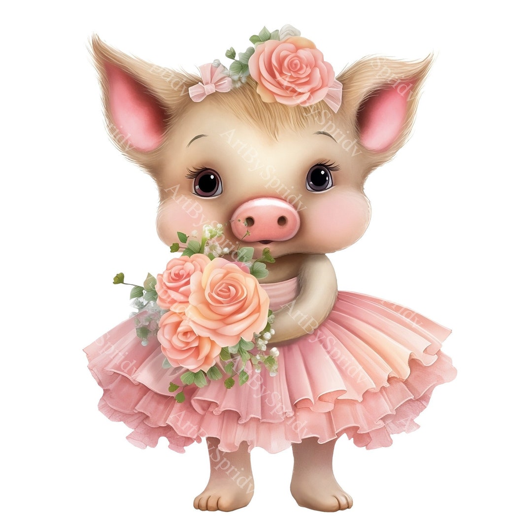 Piglet in Pink Tutu Holding Roses PNG Clipart, Farm Rustic Animal ...