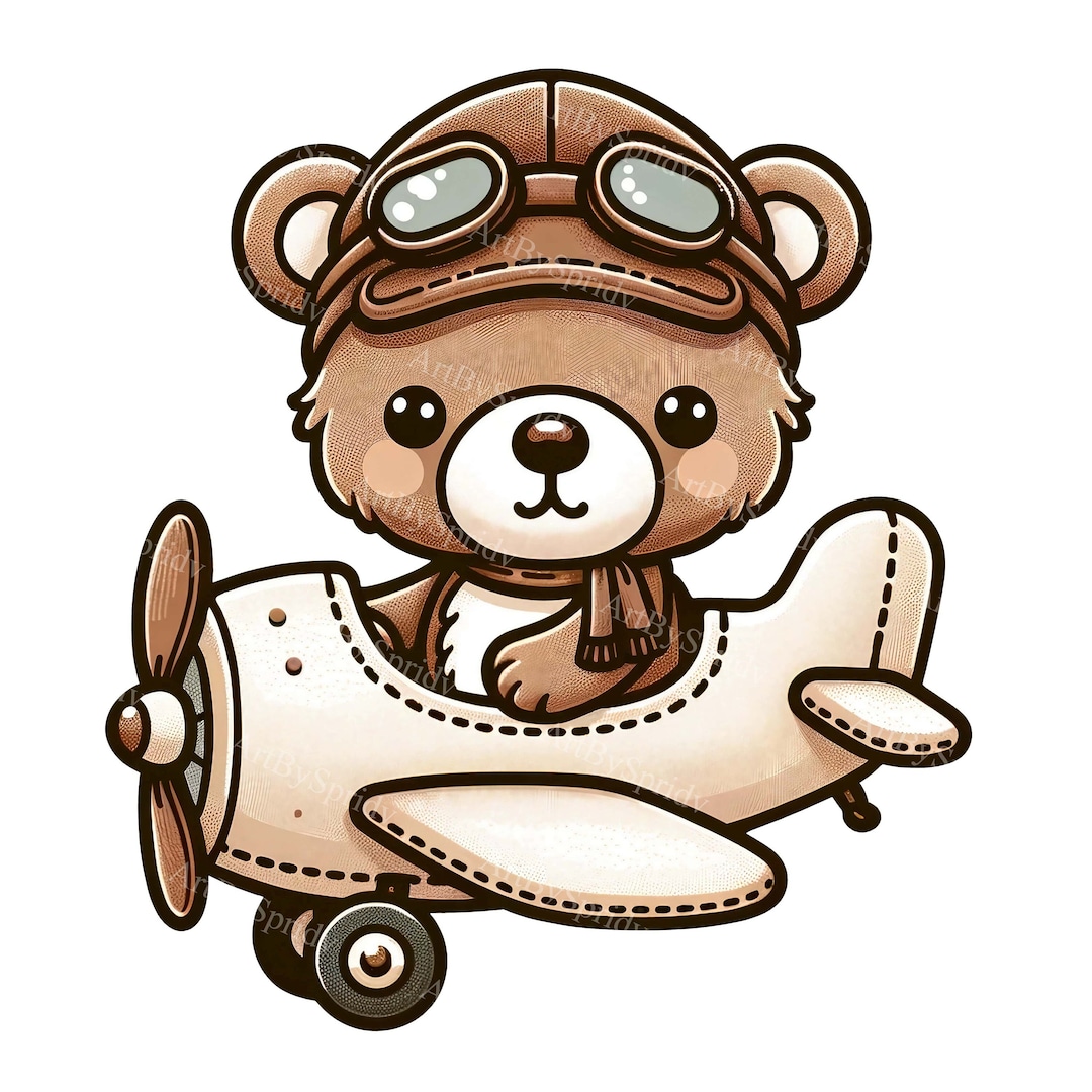 Vintage Airplane Teddy Bear Clipart - Pilot Bear PNG for DTG, T-shirt ...