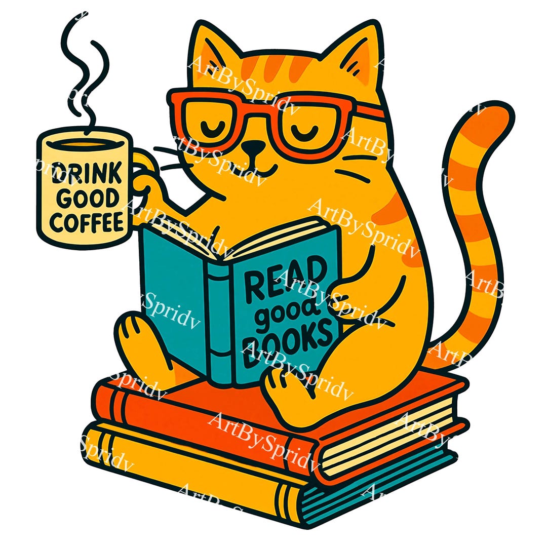 Cute Reading Cat PNG Clipart, Coffee and Books Lover Kitty, Nerdy Cat ...