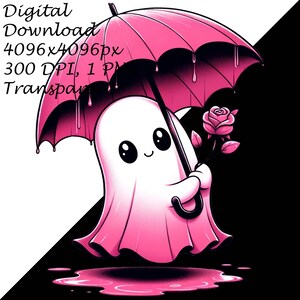 Cute Ghost With Umbrella and Rose Clipart | Whimsical Ghostly Digital ...