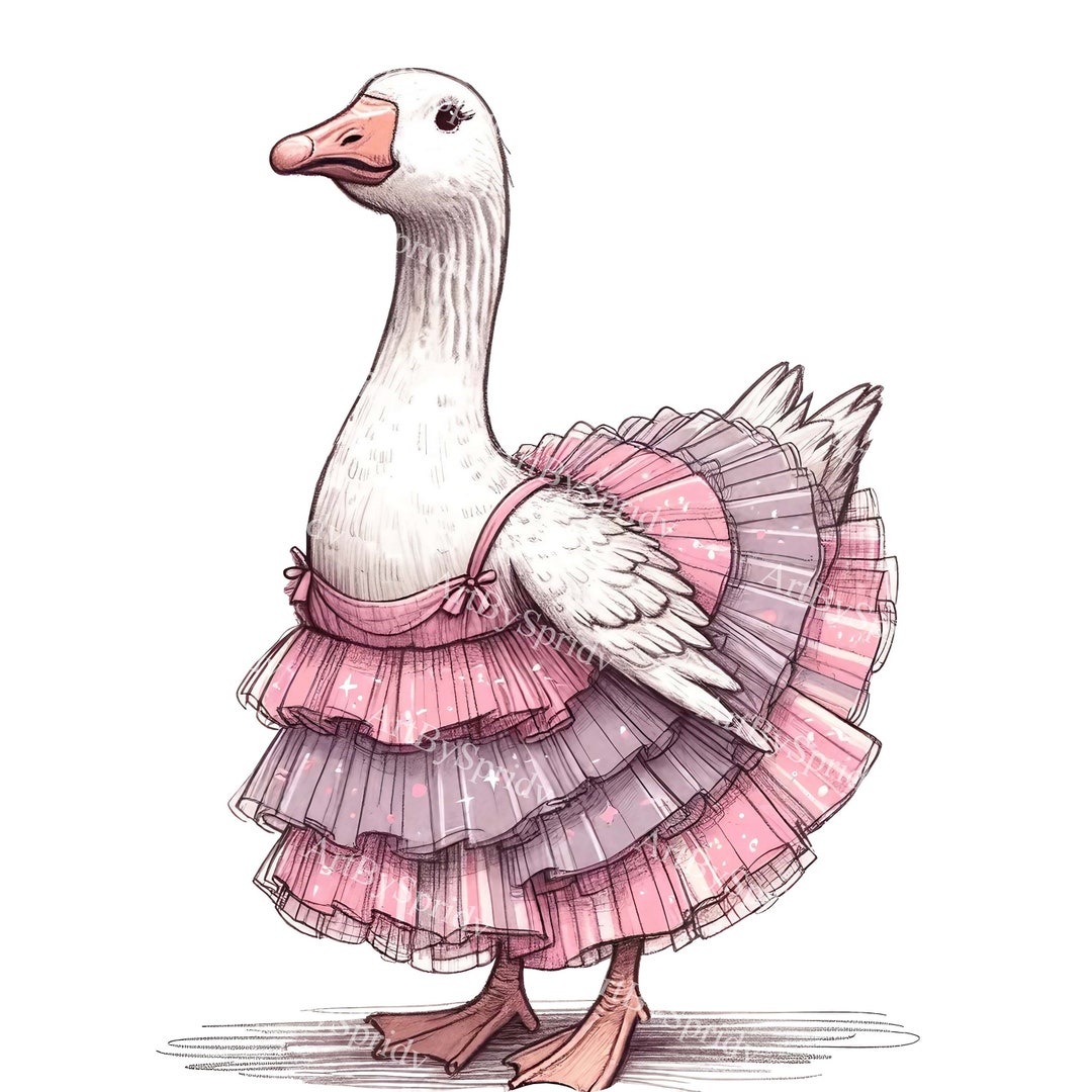 Whimsical Hand-drawn Goose Clipart | Tutu Dress Illustration PNG | DIY Crafting & Sublimation ...