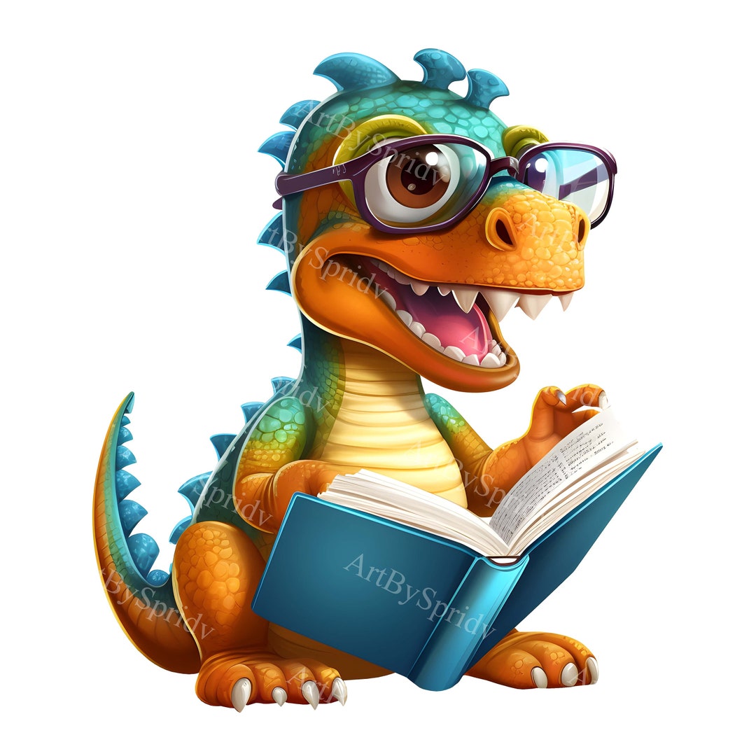 Dinosaur With Glasses Reading Book Clip Art - Dino Printable T Shirt ...