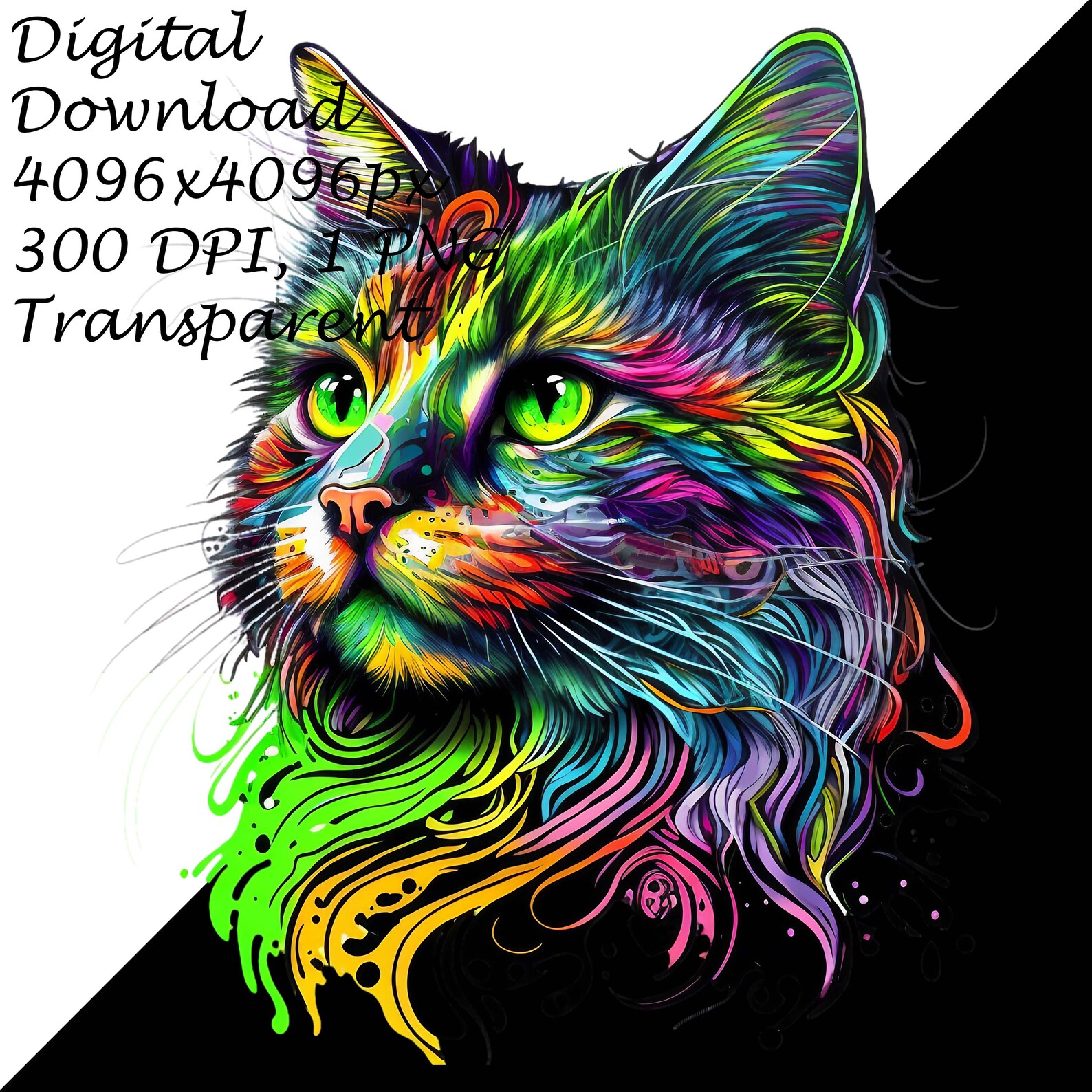 Vibrant Neon Cat Clipart, Colorful Day-glo Cat Illustration PNG for T ...