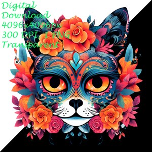 Colorful Cat Sugar Skull Clipart,dia De Los Muertos Cat Illustration ...