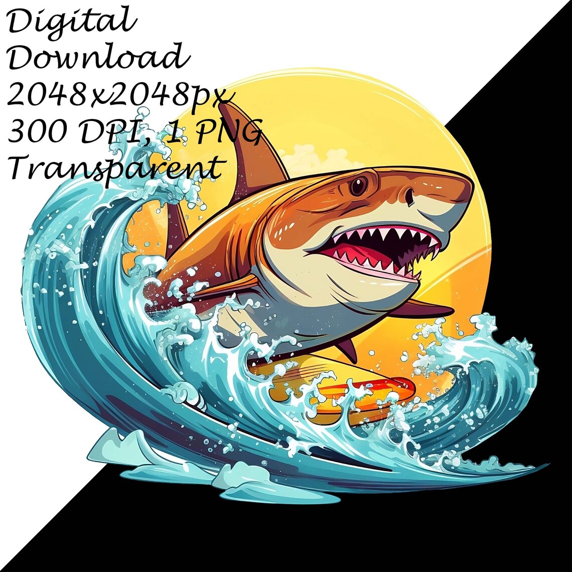 Surfing Shark Clipart PNG, Tropical Wave & Sunset Illustration, Digital ...