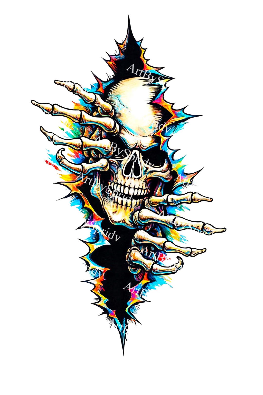 Neon Skull Ripping Through Wall PNG, Skeleton Breaking Wall Sublimation ...