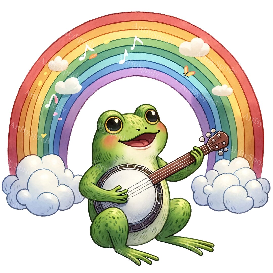 Cartoon Frog Banjo Clipart - Colorful Rainbow & Clouds PNG for DTG, T ...