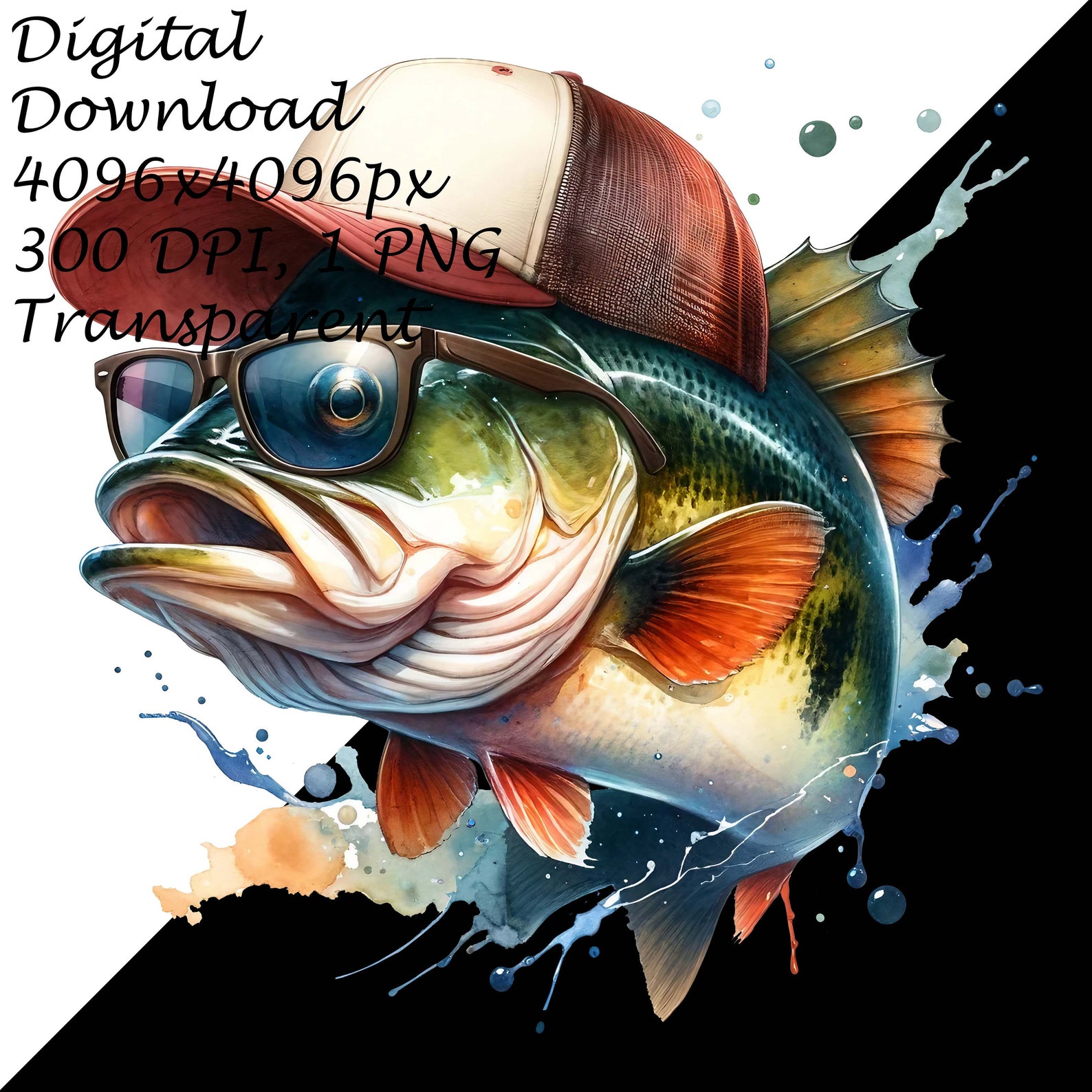Realistic Bass Fish Clipart With Baseball Cap & Sunglasses - Digital ...