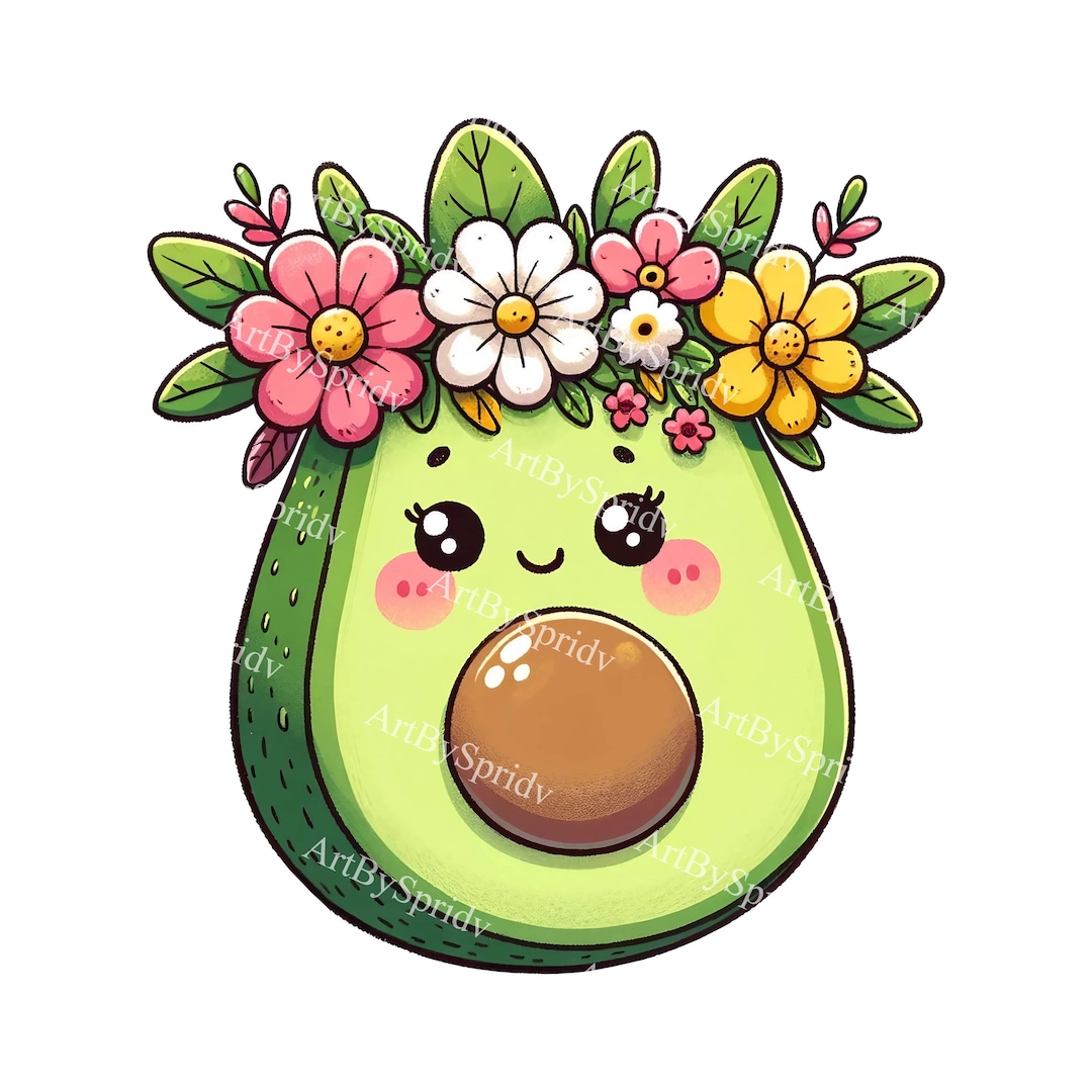 Kawaii Avocado With Flower Crown Clipart-cute Digital Download ...