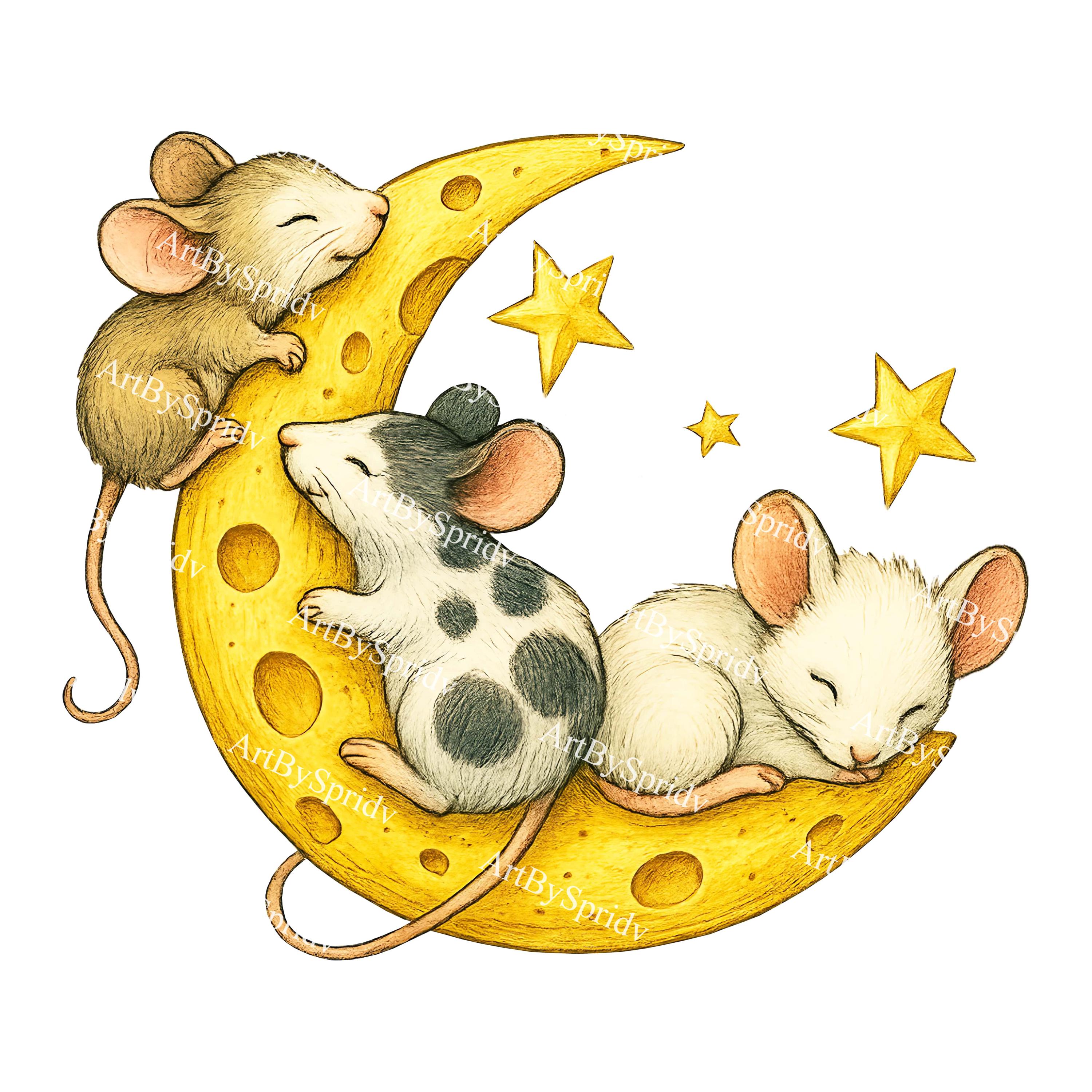 Cute Sleeping Mice on Cheese Moon PNG, Watercolor Baby Mice Clipart ...