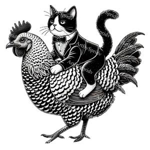 Tuxedo Cat Riding Chicken PNG Clipart, Vintage-inspired Digital Clip ...