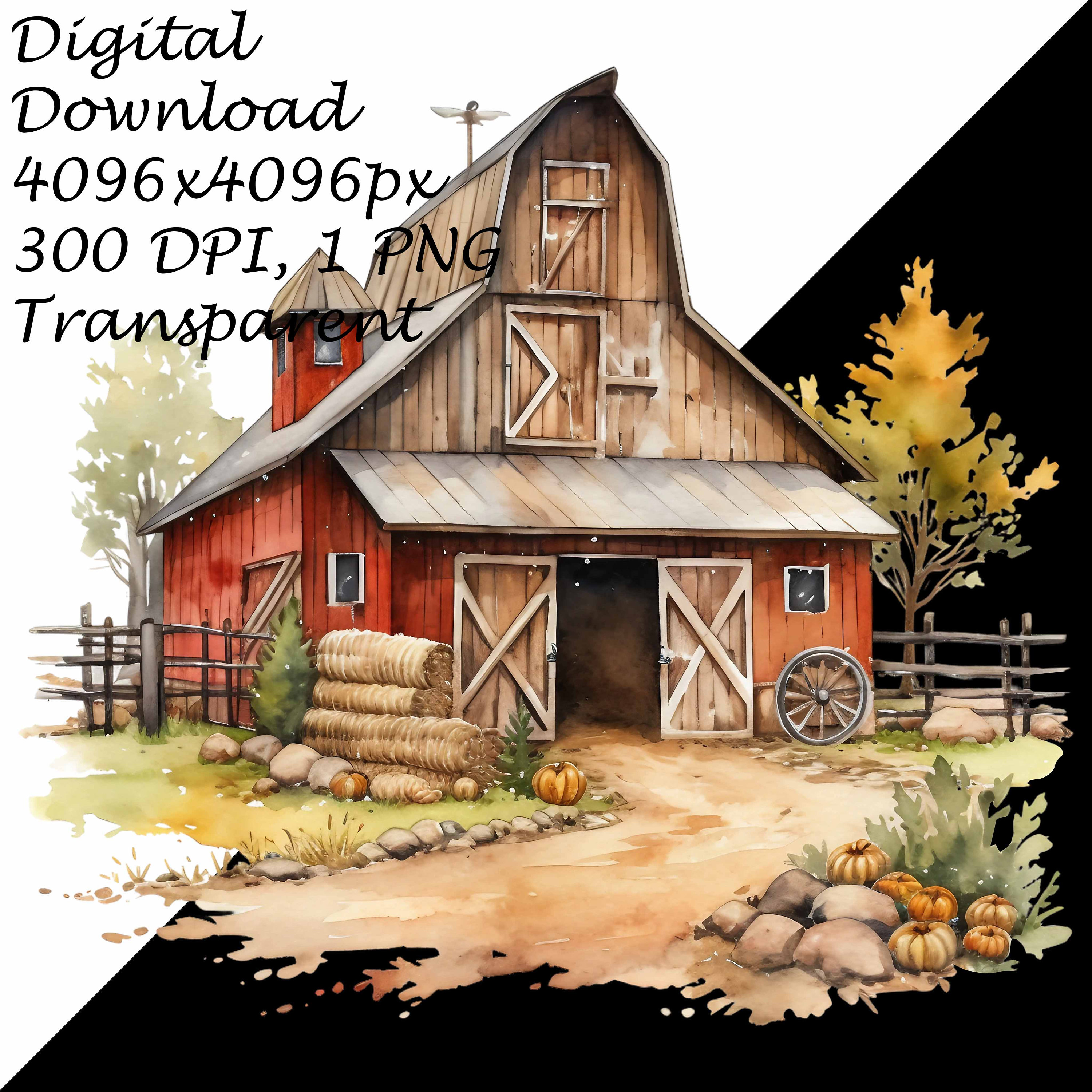 Watercolor Red Barn Bundle PNG Clipart, Rustic Farmhouse Scene,vintage ...