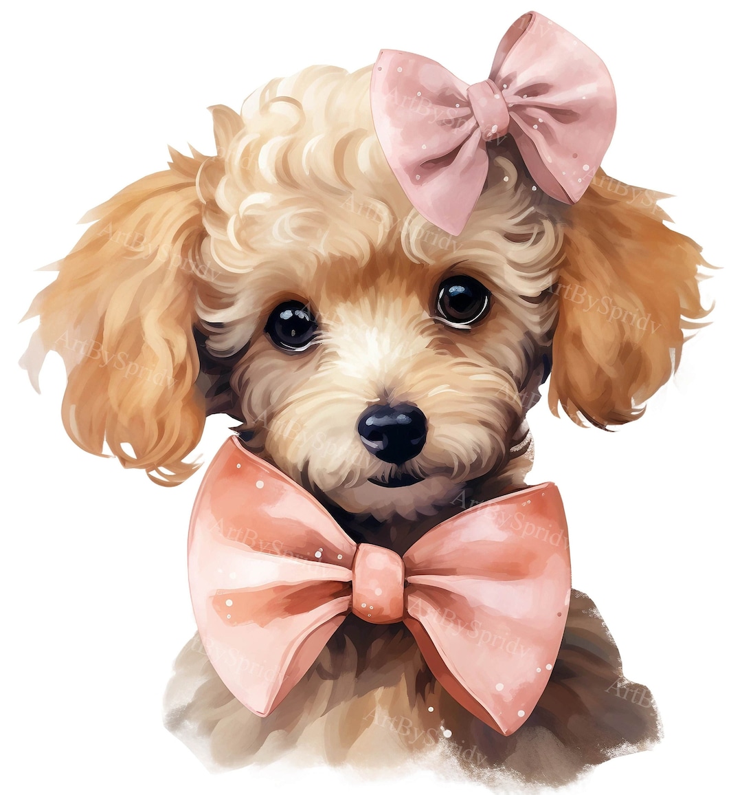 Cute Watercolor Poodle Puppy Dog With Ribbon Bow - Transparent 4 PNG ...