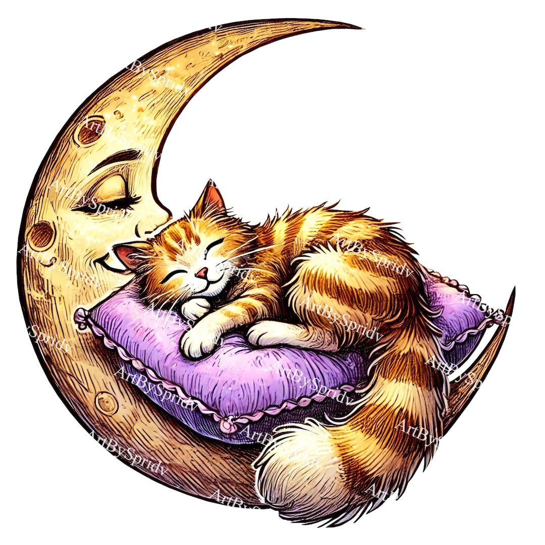 Sleeping Cat on Moon PNG, Cute Crescent Moon Cat Clipart,cozy Night Sky ...