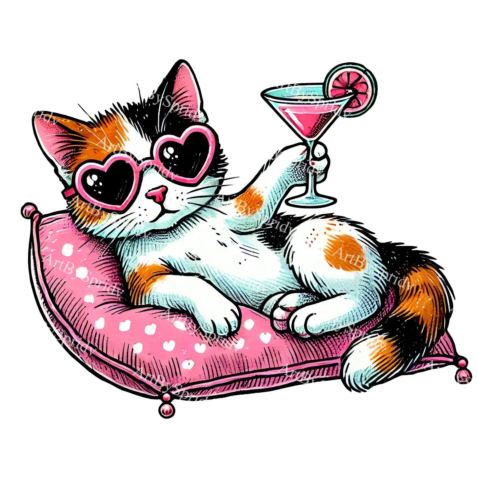 Adorable Calico Cat With Pink Pillow, Heart Sunglasses & Martini PNG ...