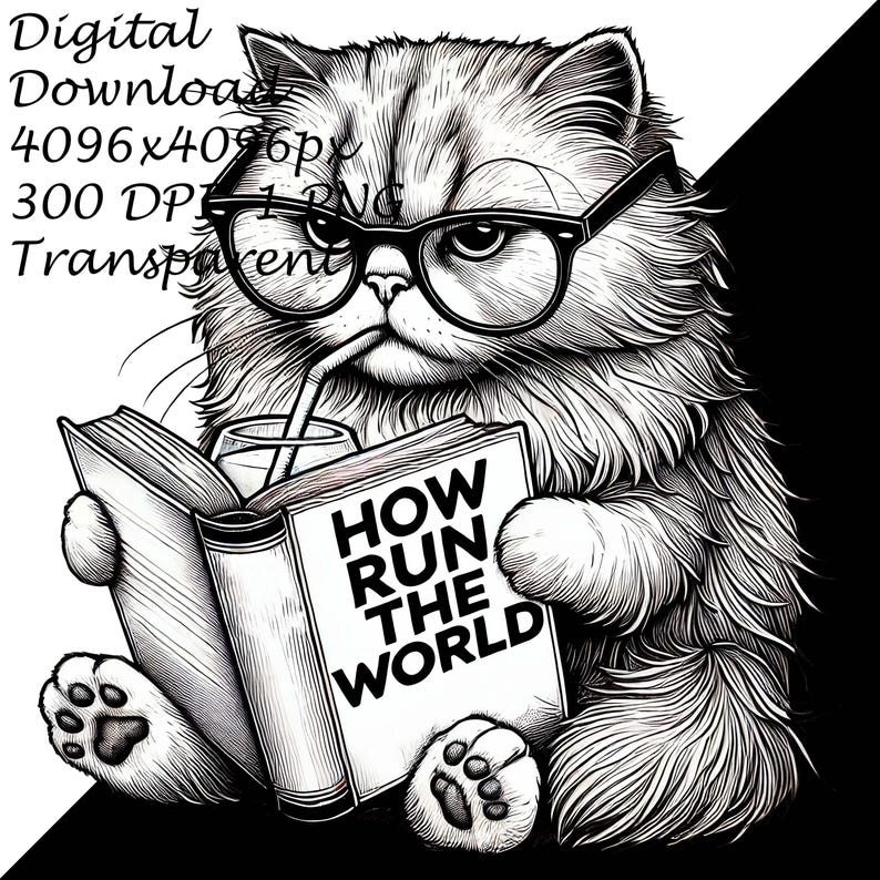 Fluffy Cat With Glasses Reading a Book PNG Clipart,intellectual Cat ...