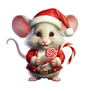 Christmas Mouse Clipart PNG, Cute Mouse in Santa Hat With Candy Cane ...