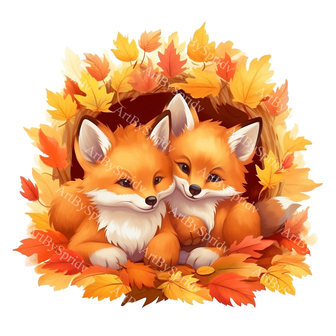 Adorable Baby Foxes in Autumn Leaves Transparent PNG Clipart, Cute ...