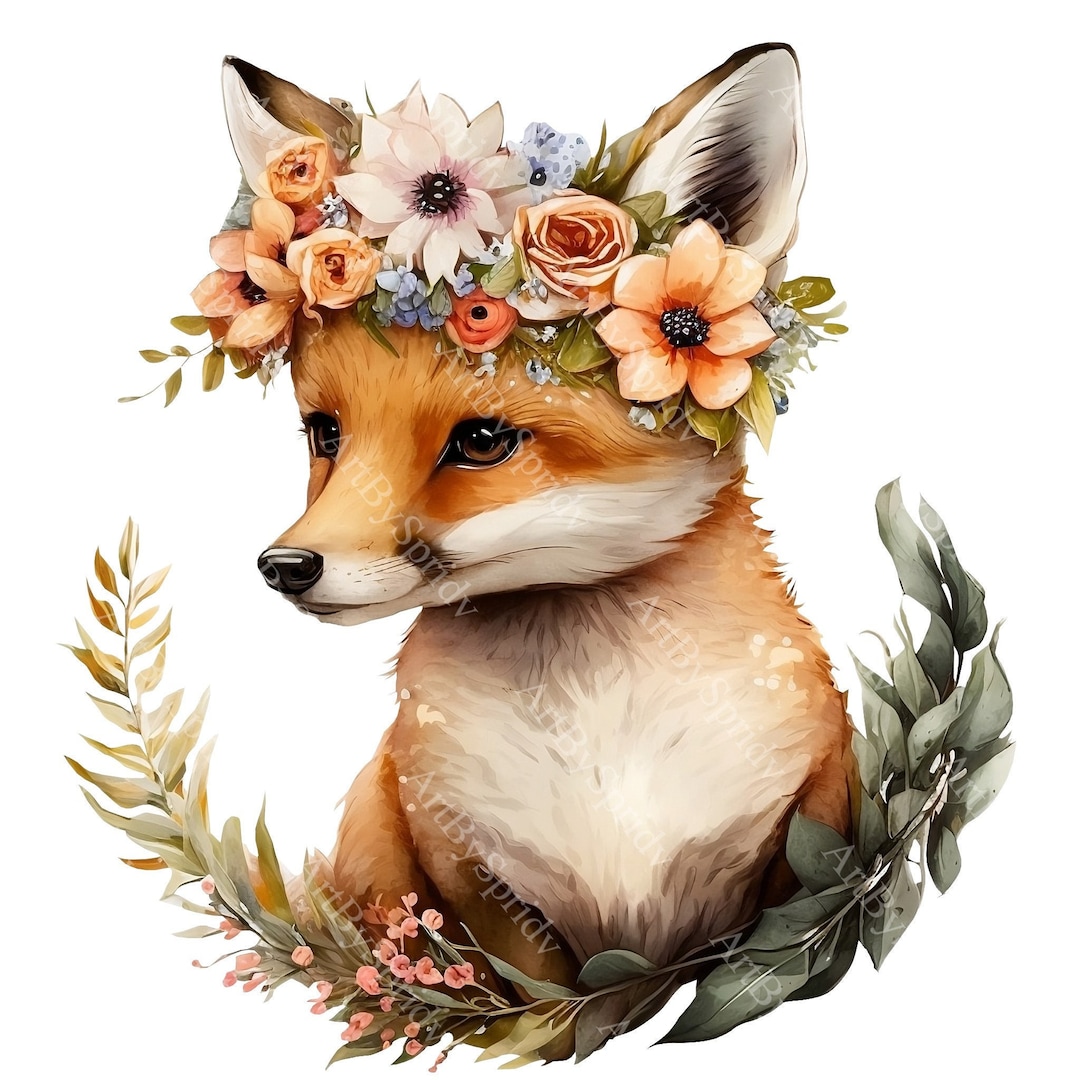 Adorable Baby Fox With Flower Crown PNG Clipart, Woodland Animal ...
