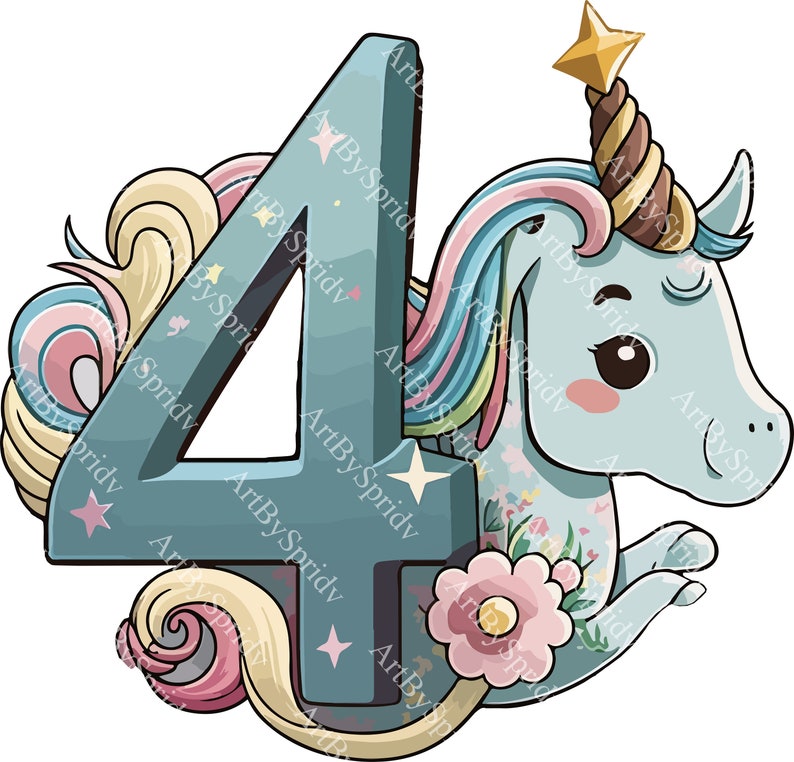 4th Year Old Girl/boy Birthday Unicorn Gift Transparent PNG - Etsy