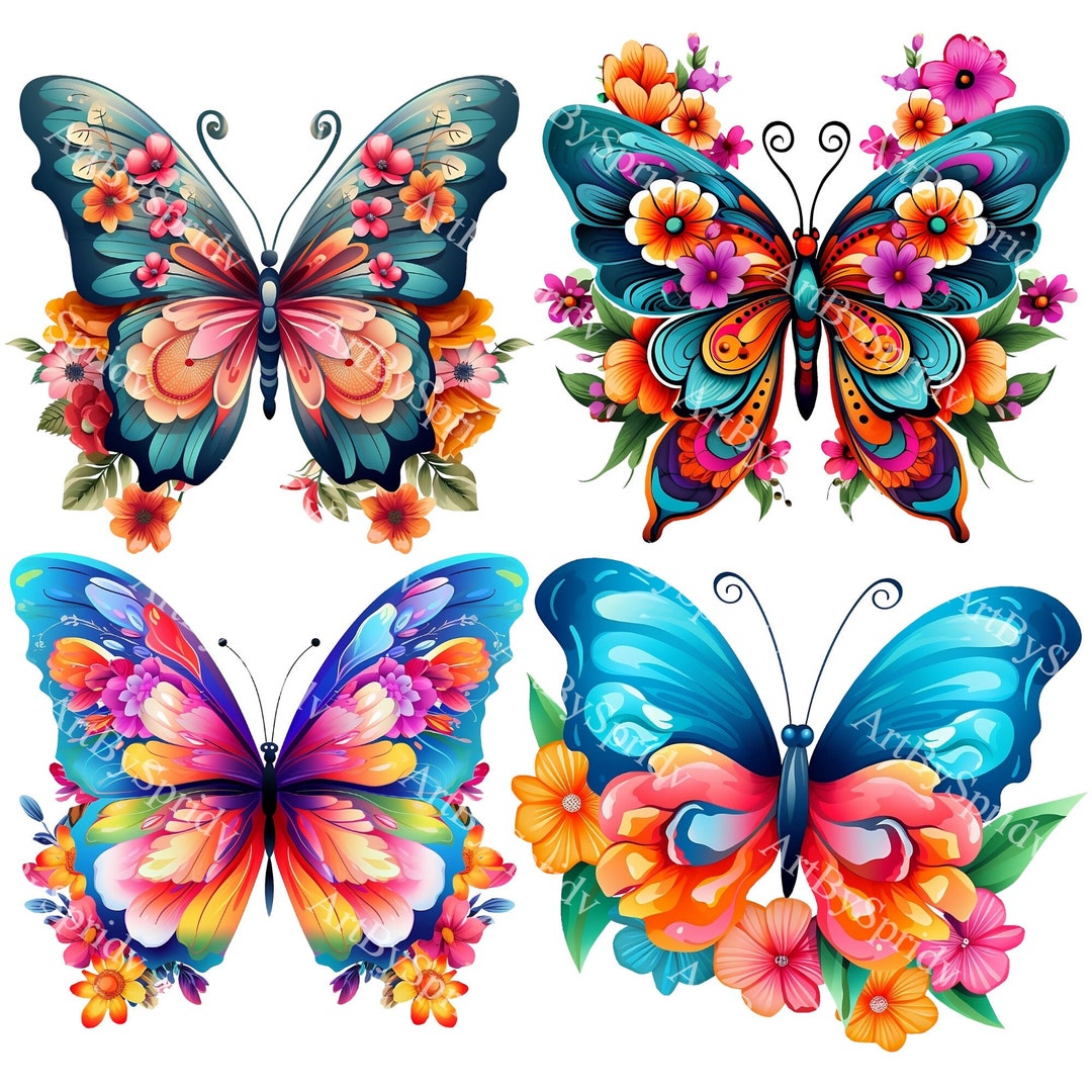 4 Pack Cute Floral Butterfly Transparent PNG Clipart,watercolor Kids ...