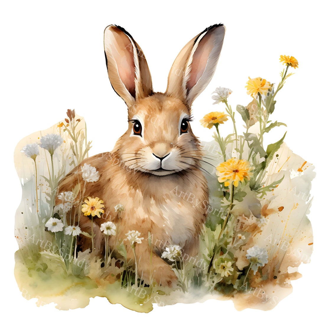 Charming Watercolor Rabbit Clipart in Wildflowers,instant Download ...