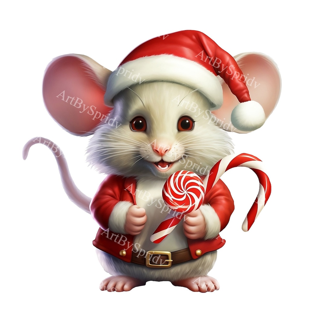 Christmas Mouse Clipart PNG, Cute Mouse in Santa Hat With Candy Cane ...