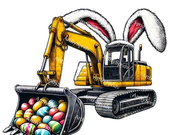 Cute Easter Bunny Driving Excavator With Colorful Eggs PNG, Watercolor ...