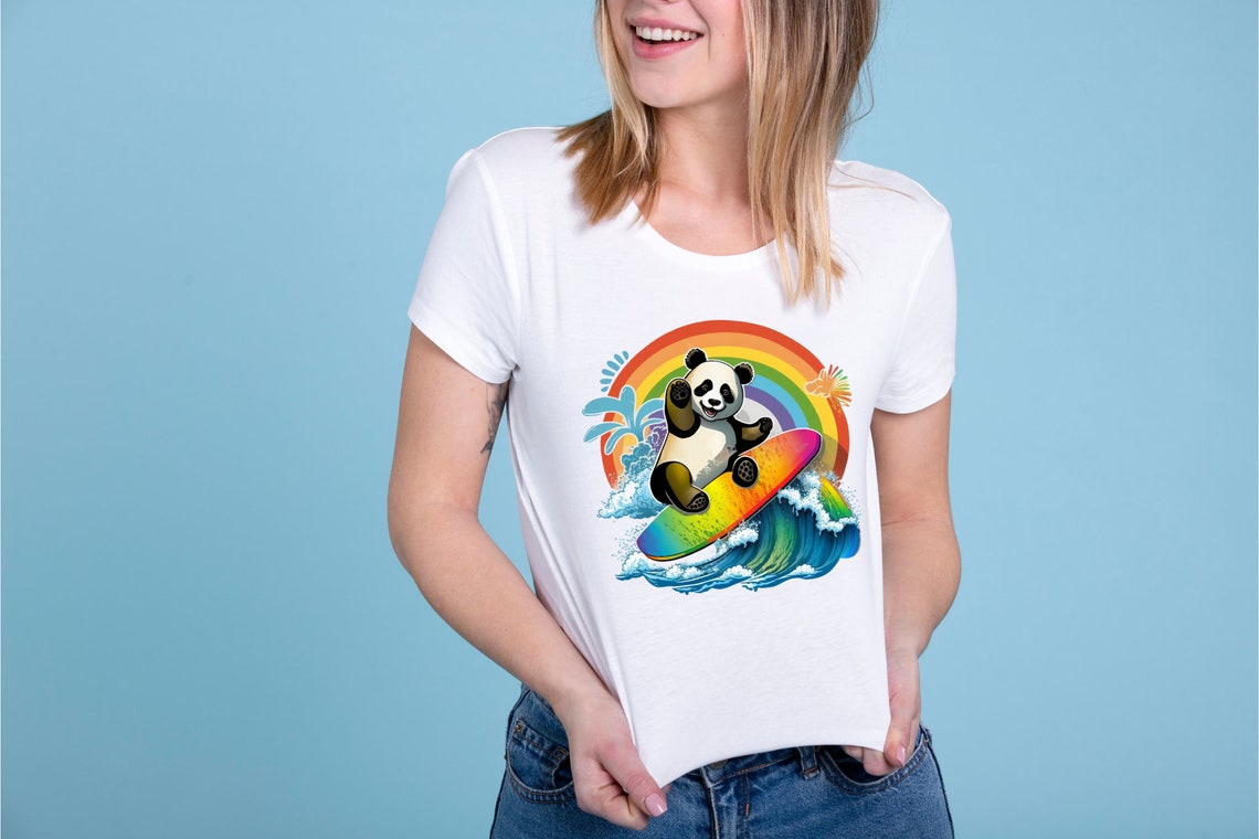 Surfing Panda Clipart PNG, Rainbow Surfboard Digital Art, Cute Panda ...